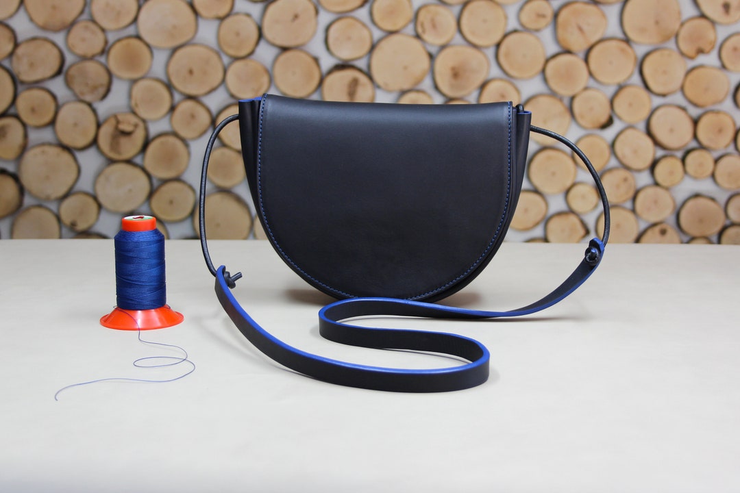 Handmade Half Round Black Leather Shoulder Bag With Blue Details, Half ...