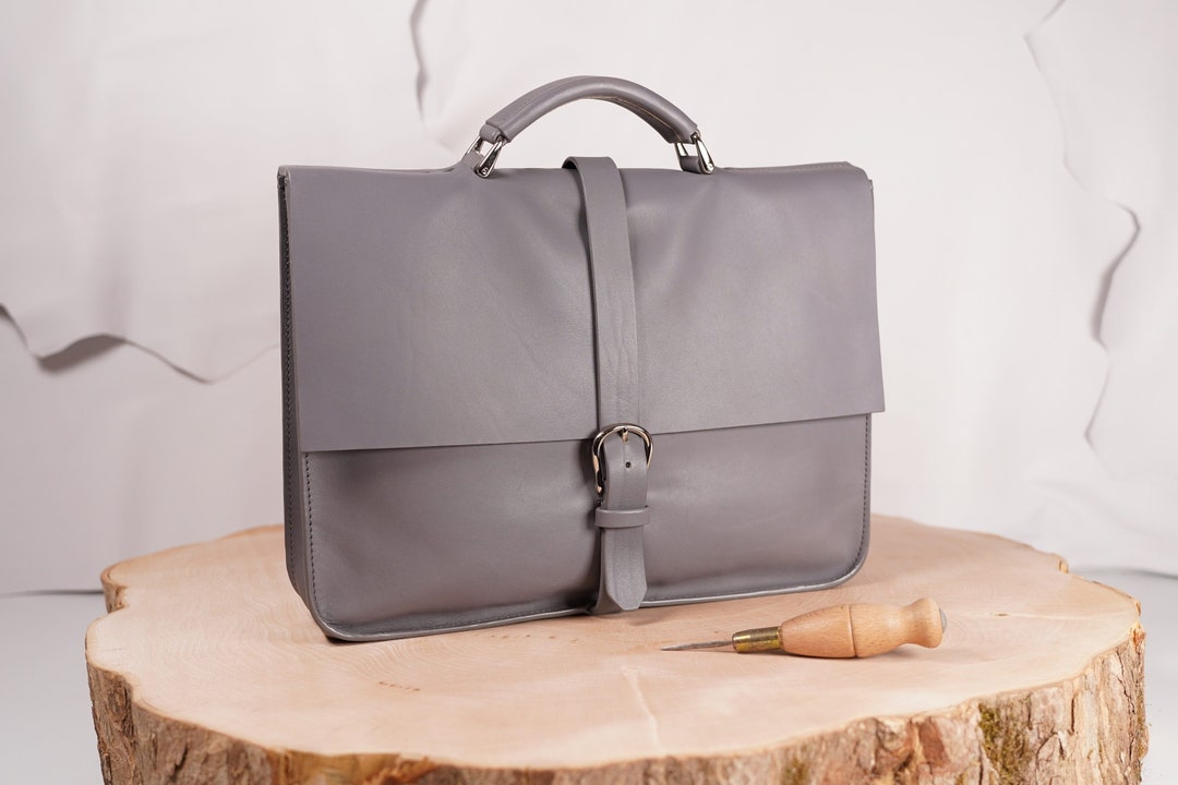 Handmade Leather Briefcase, Practical Work Bag With Notebook Case, Grey ...