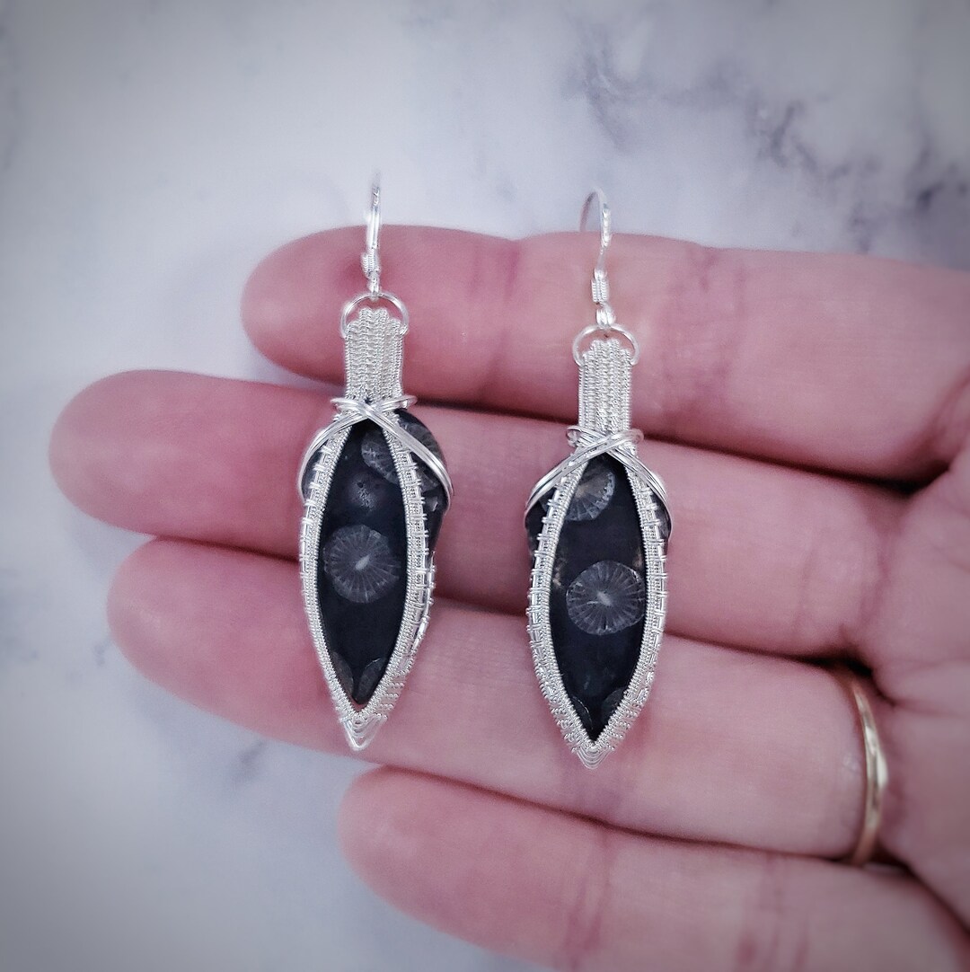 Sterling Silver With Black Fossil Coral Earrings - Etsy