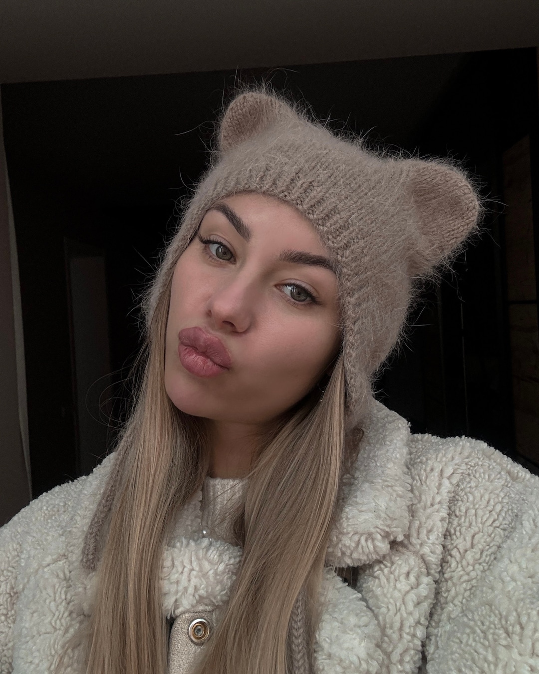 Hand Knitted Adult Bonnet/fluffy Wool Balaclava/bear Ear Bonnet/knitted ...