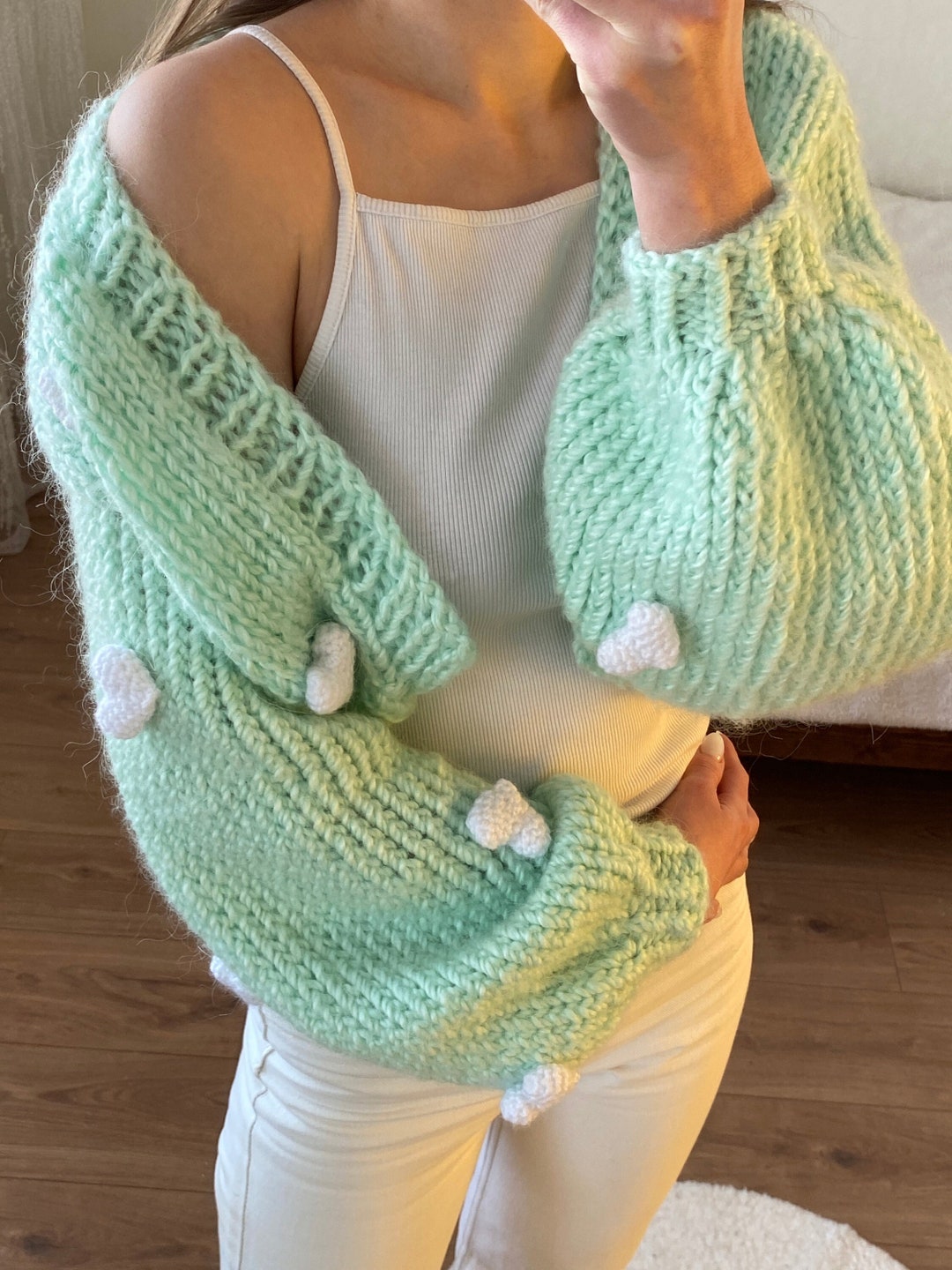 Mint Cardigan Cute Cardigan With White Heart Cardigan With - Etsy