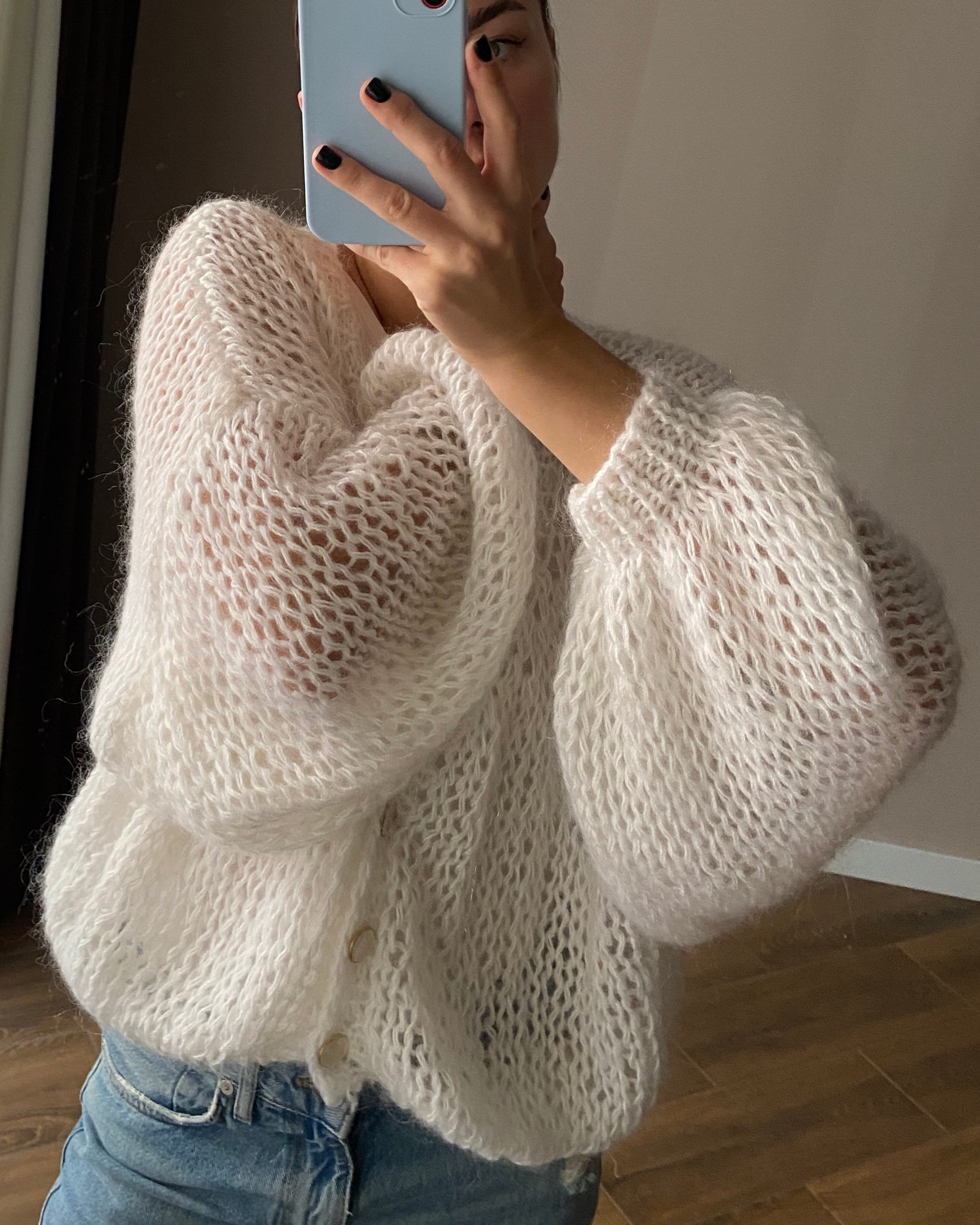 White/creme Mohair and Angora Cardigan Handmade. Raglan Puff Sleeves ...