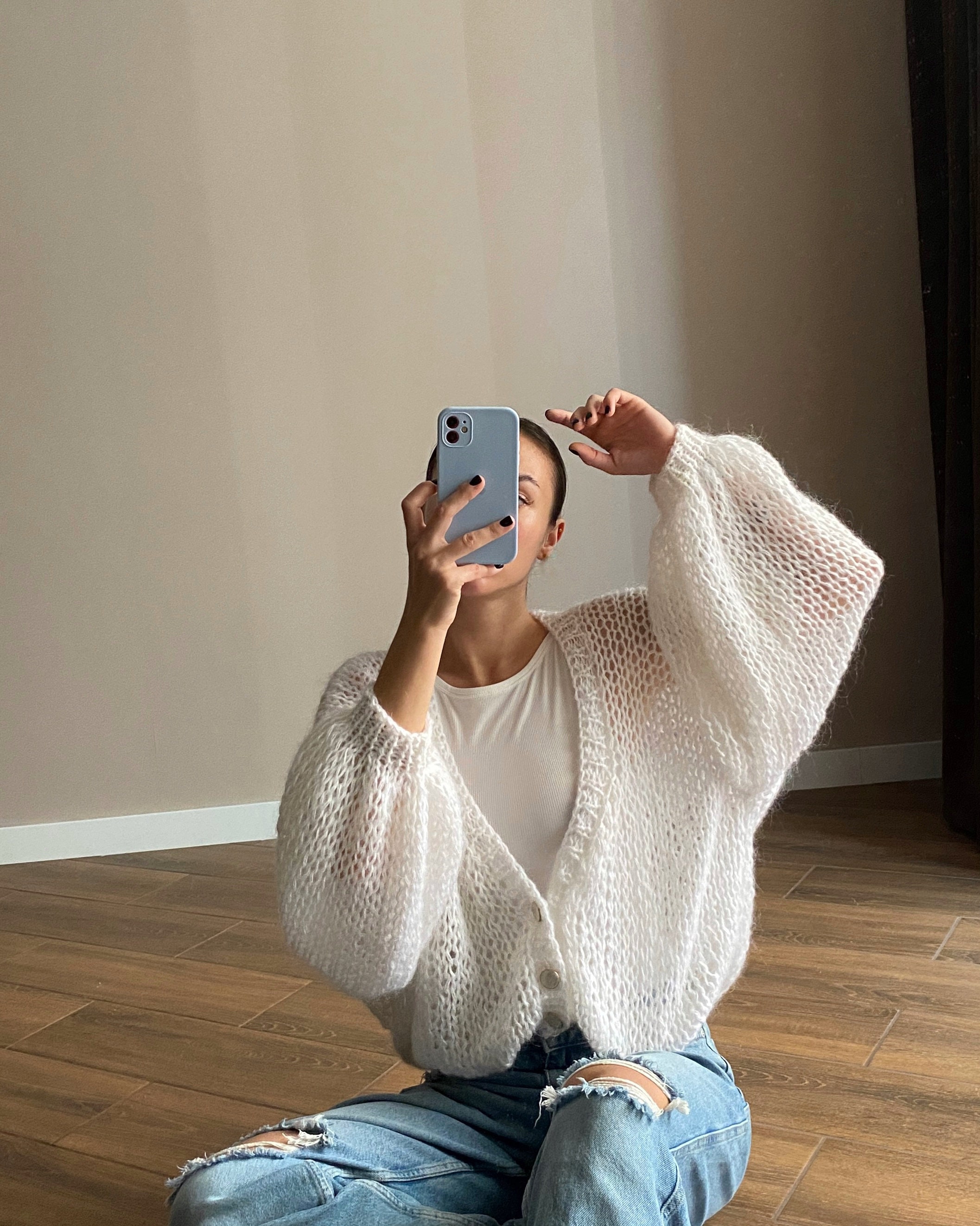 White/creme Mohair and Angora Cardigan Handmade. Raglan Puff Sleeves ...