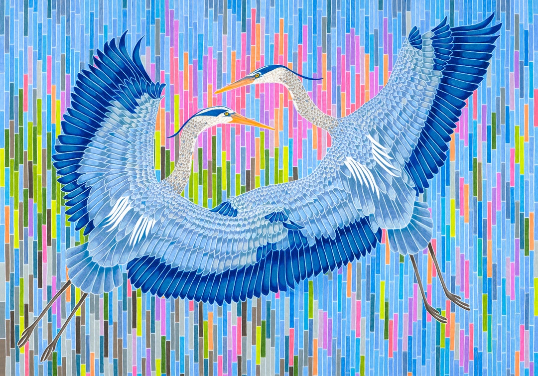 Blue Heron Art, Heron Drawing, Bird Art, Animal Print, Colorful Art ...