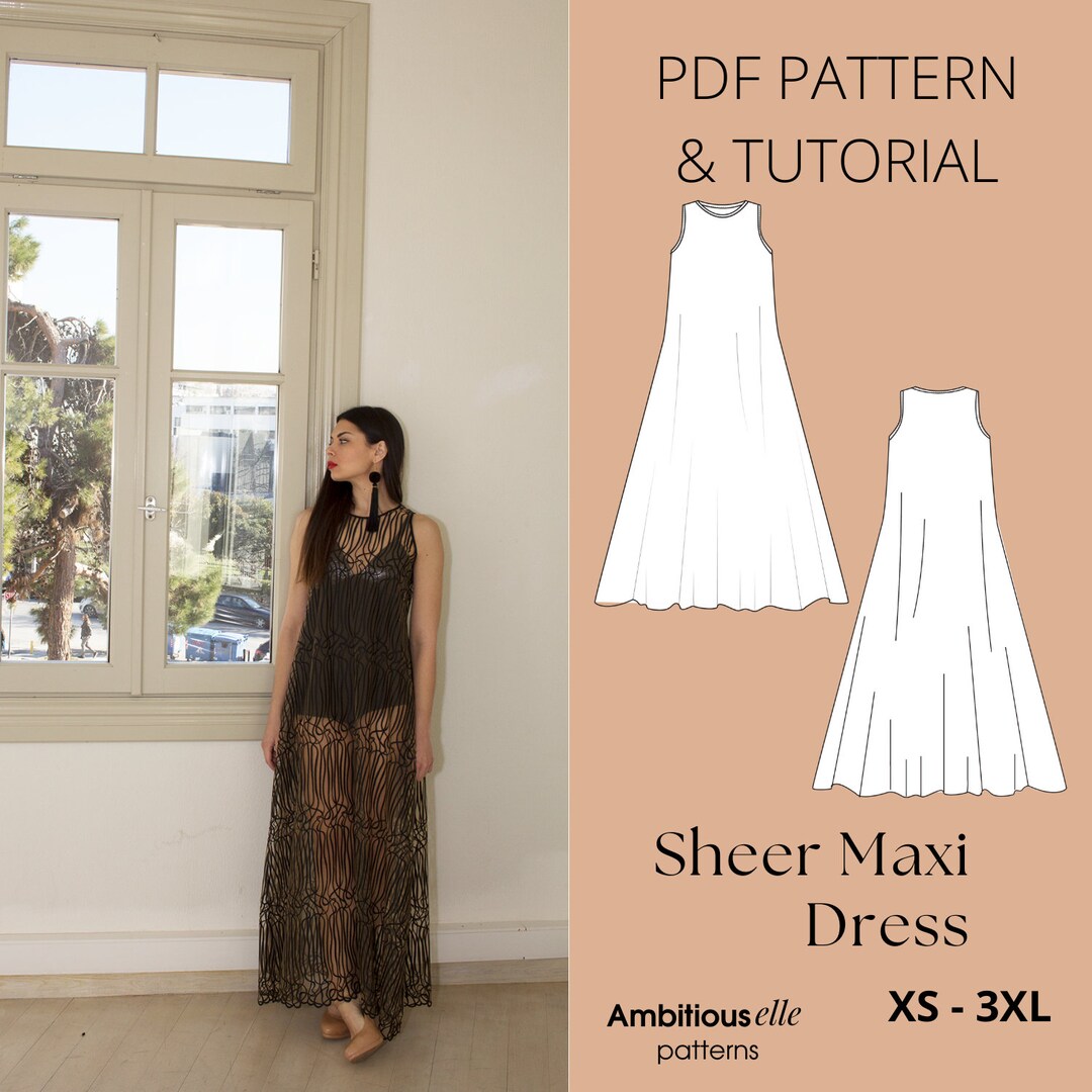 PDF Sheer Maxi Dress Sewing Pattern Sleeveless Long Dress Sewing ...