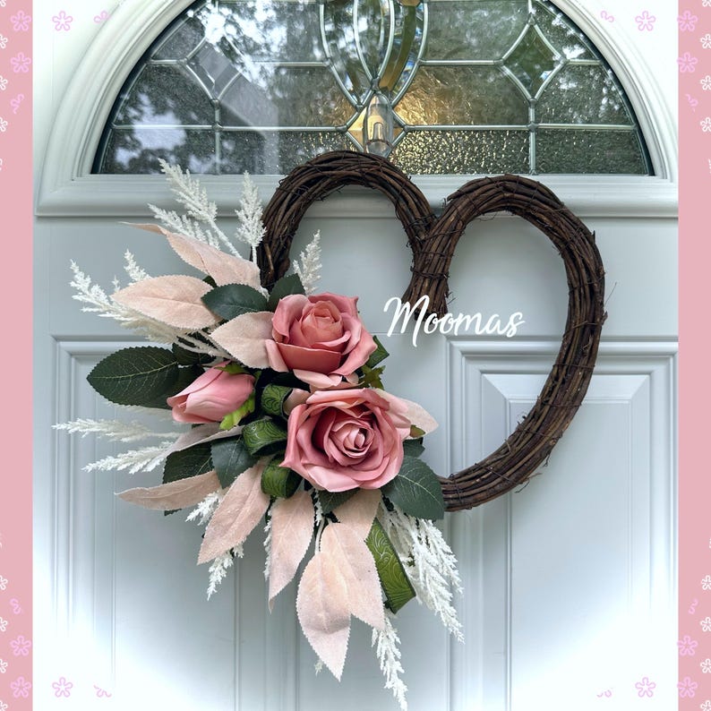 Heart-shaped Grapevine Wreath: Pink Roses, Mother’s Day Wreath - Etsy