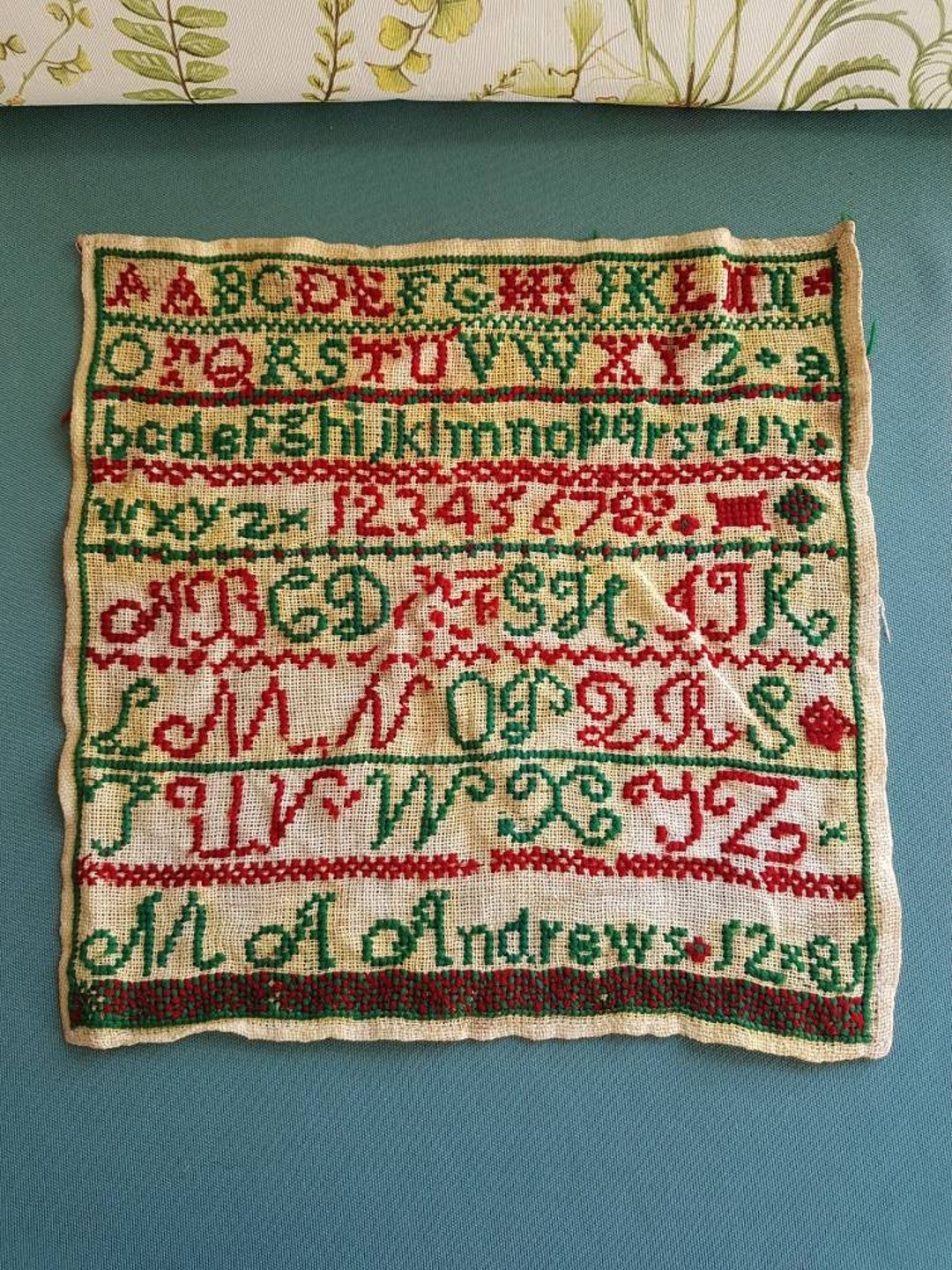 Vintage Child's Sampler Handmade Alphabet Sampler Made in Red and Green ...