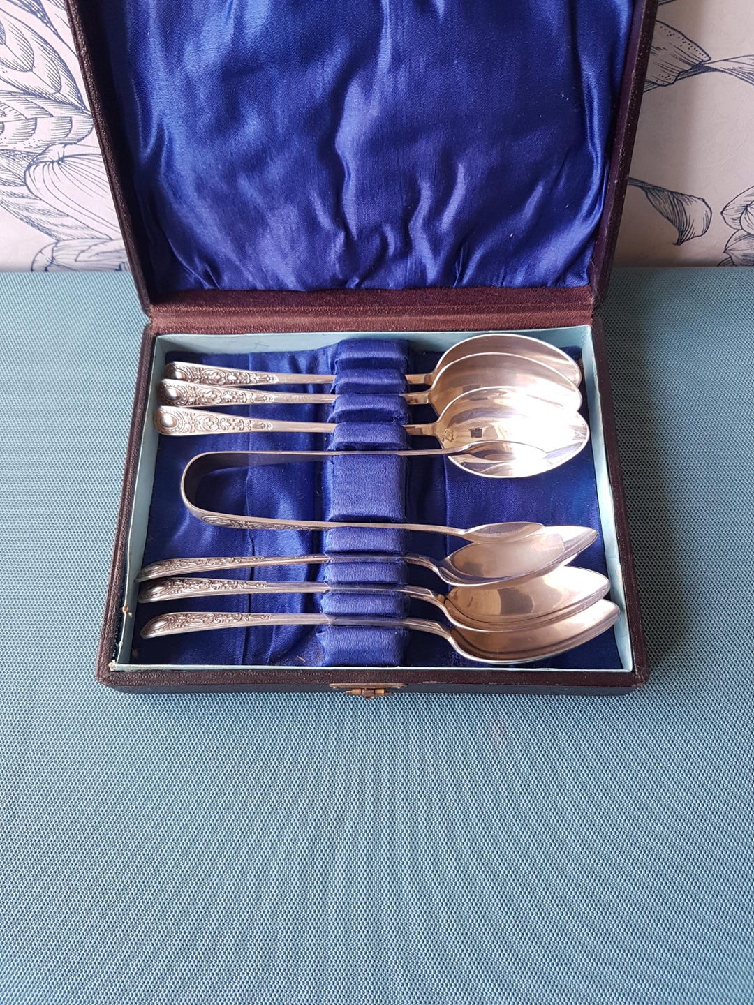 Antique Silver Plated Teaspoons and a Pair of Sugar Tongs- in Original ...