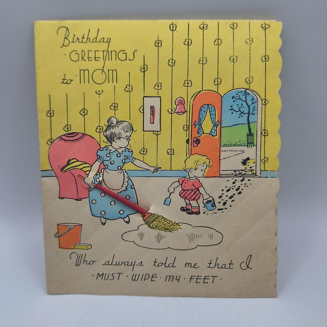 Vintage Birthday Card Greetings to Mom Cute Cartoon Illustration - Etsy