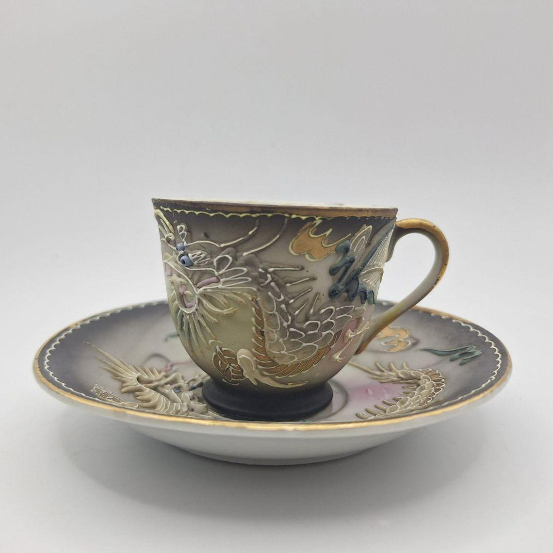 Dragonware Japanese Moriage Tea Cup Saucer Black Gold Raised Paint ...