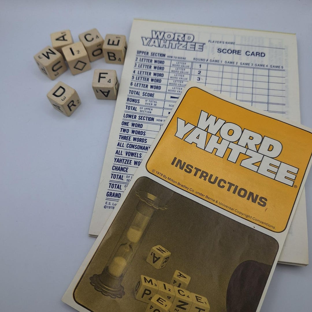 Word Yahtzee Game Vintage Dice Score Cards Instructions Milton Bradley ...