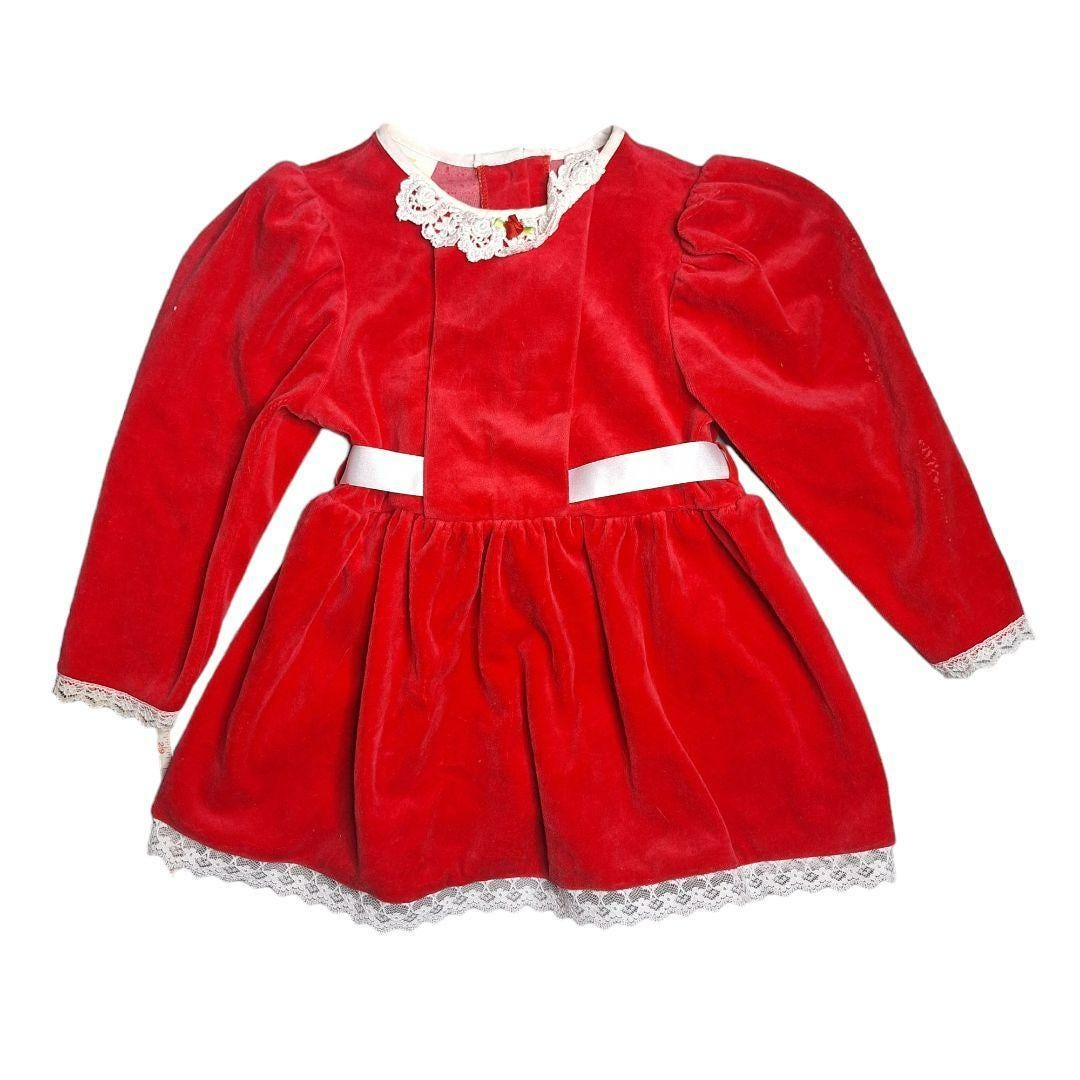 Evy of California Red Velvet Dress White Collar Ribbon Belt Girls 4T ...