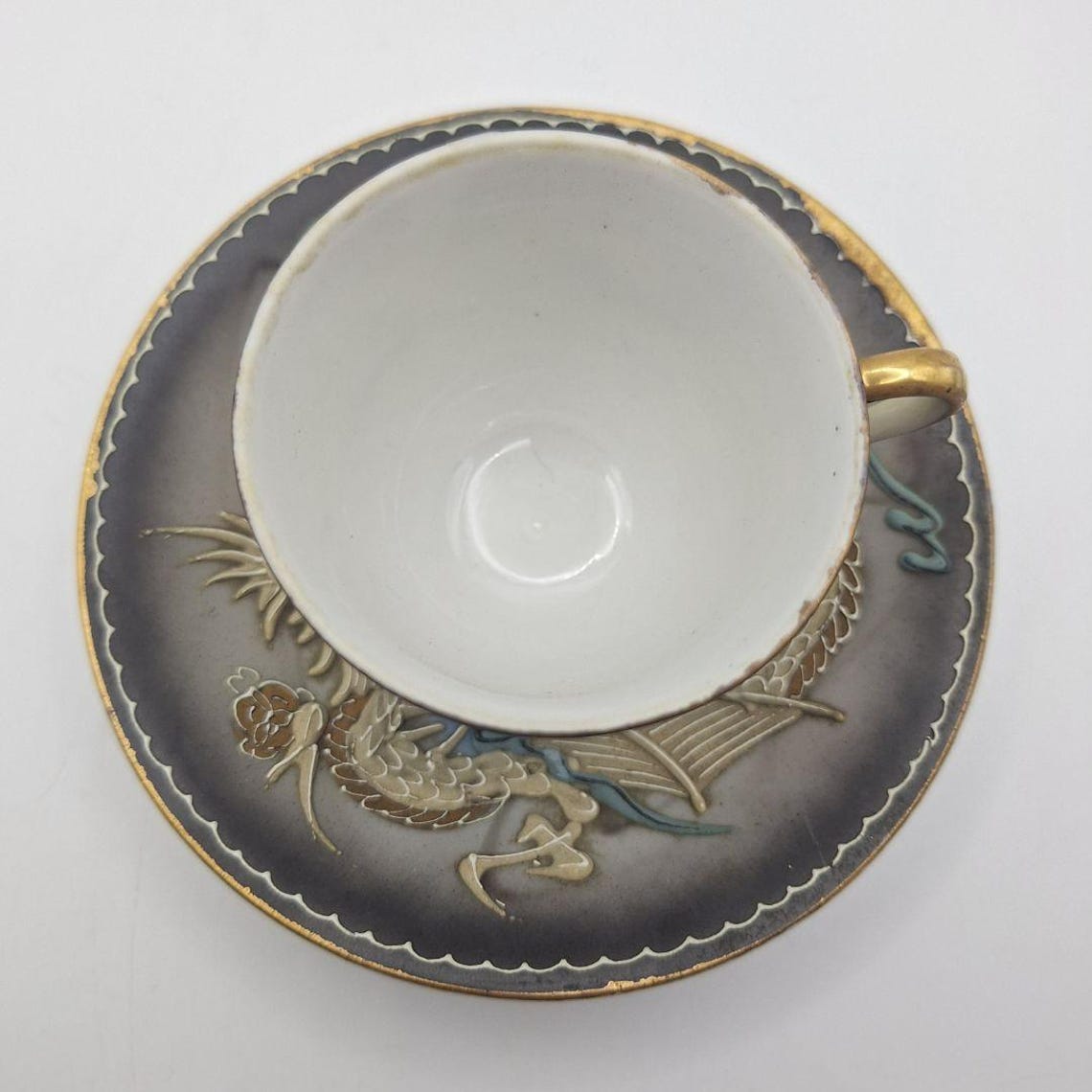 Dragonware Japanese Moriage Tea Cup Saucer Black Gold Raised Paint ...