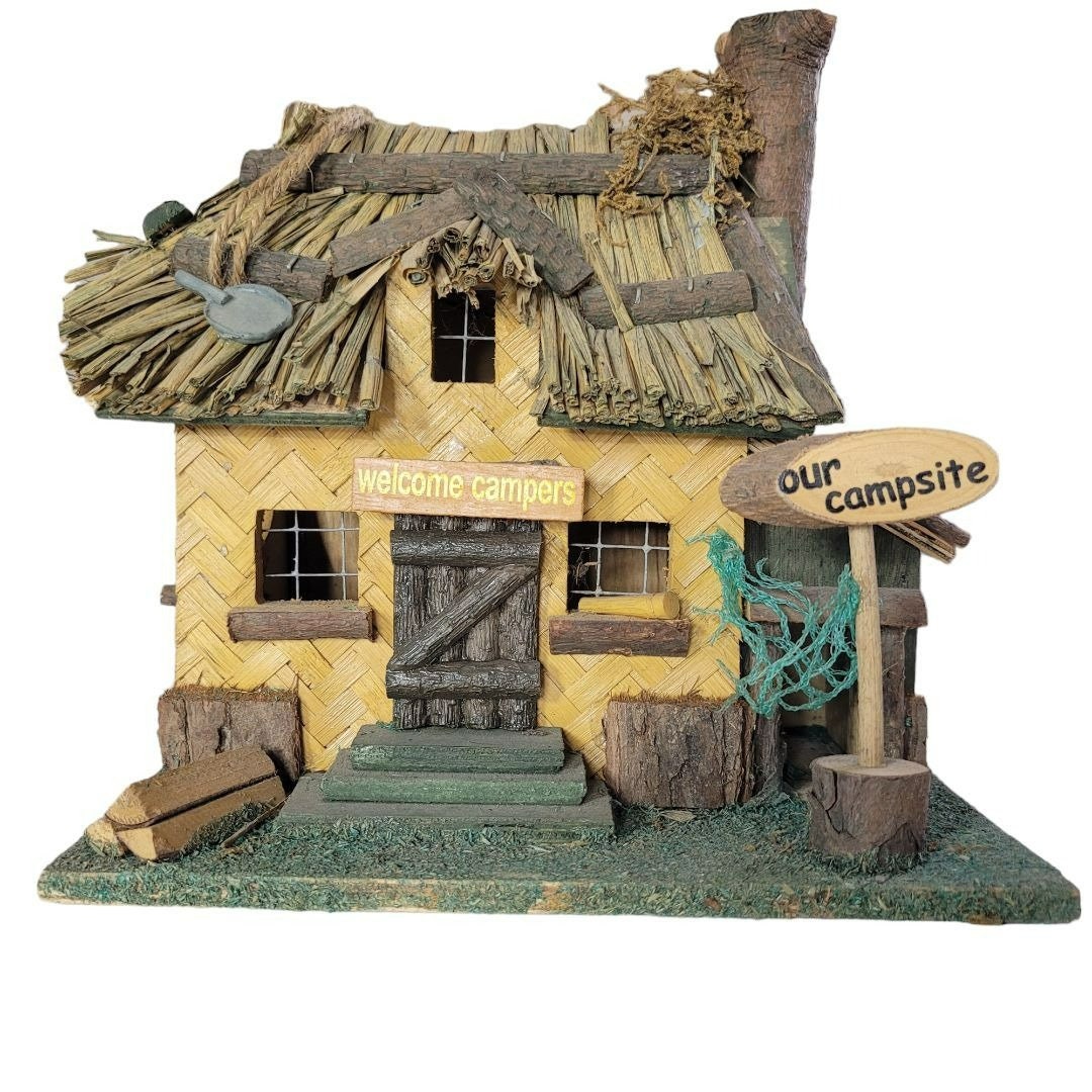 Campsite Cabin Birdhouse Wooden Homemade Handcrafted Tiki Thatch Roof ...