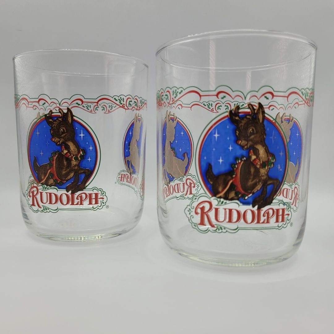 Rudolph Red Nosed Reindeer Glasses Set of 2 Vintage Clear Blue Holiday ...