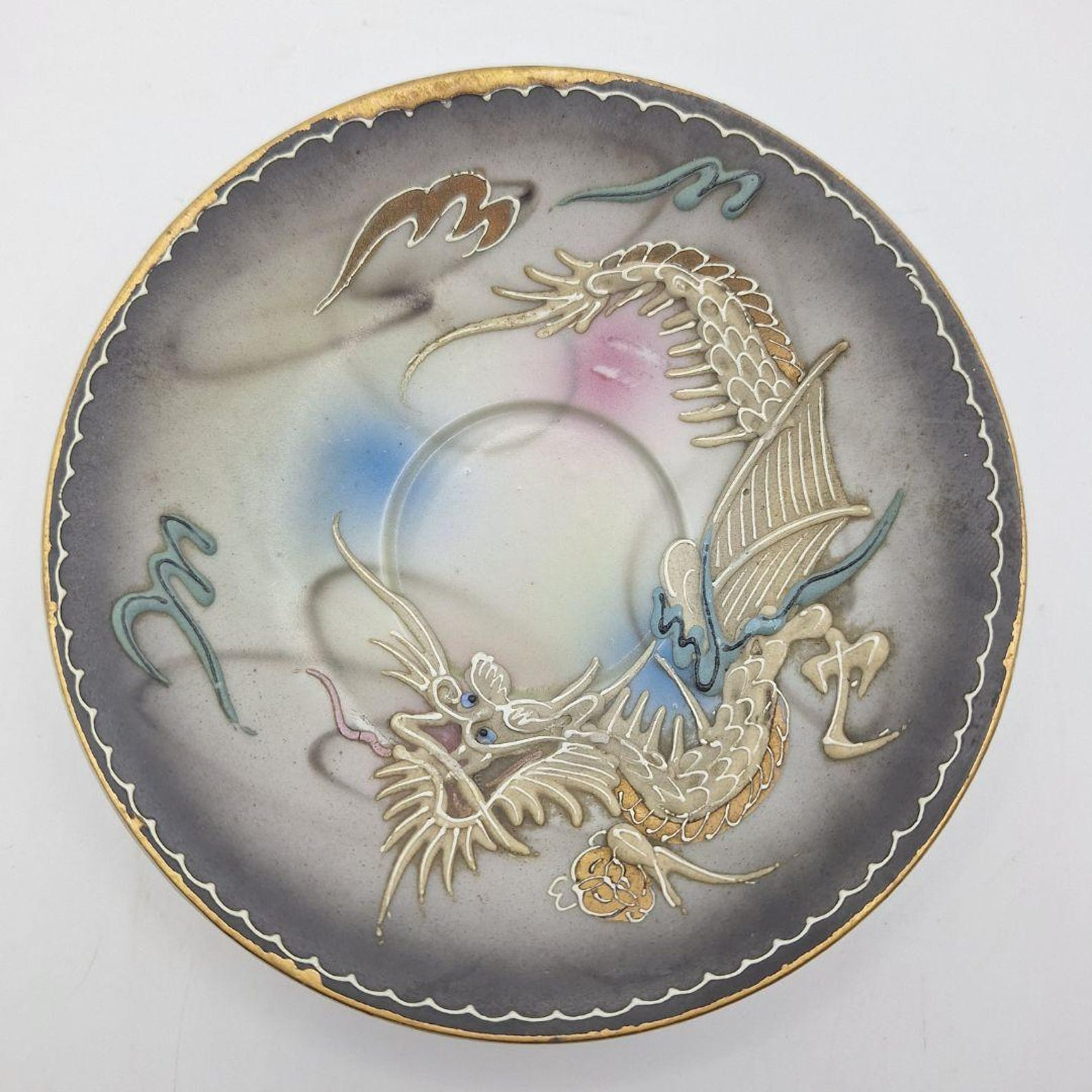 Dragonware Japanese Moriage Tea Cup Saucer Black Gold Raised Paint ...
