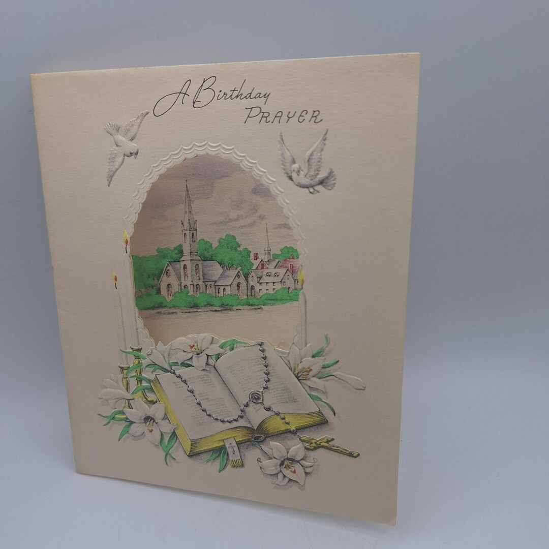Vintage 1950 Birthday Prayer Greeting Card Lilies Church Doves ...
