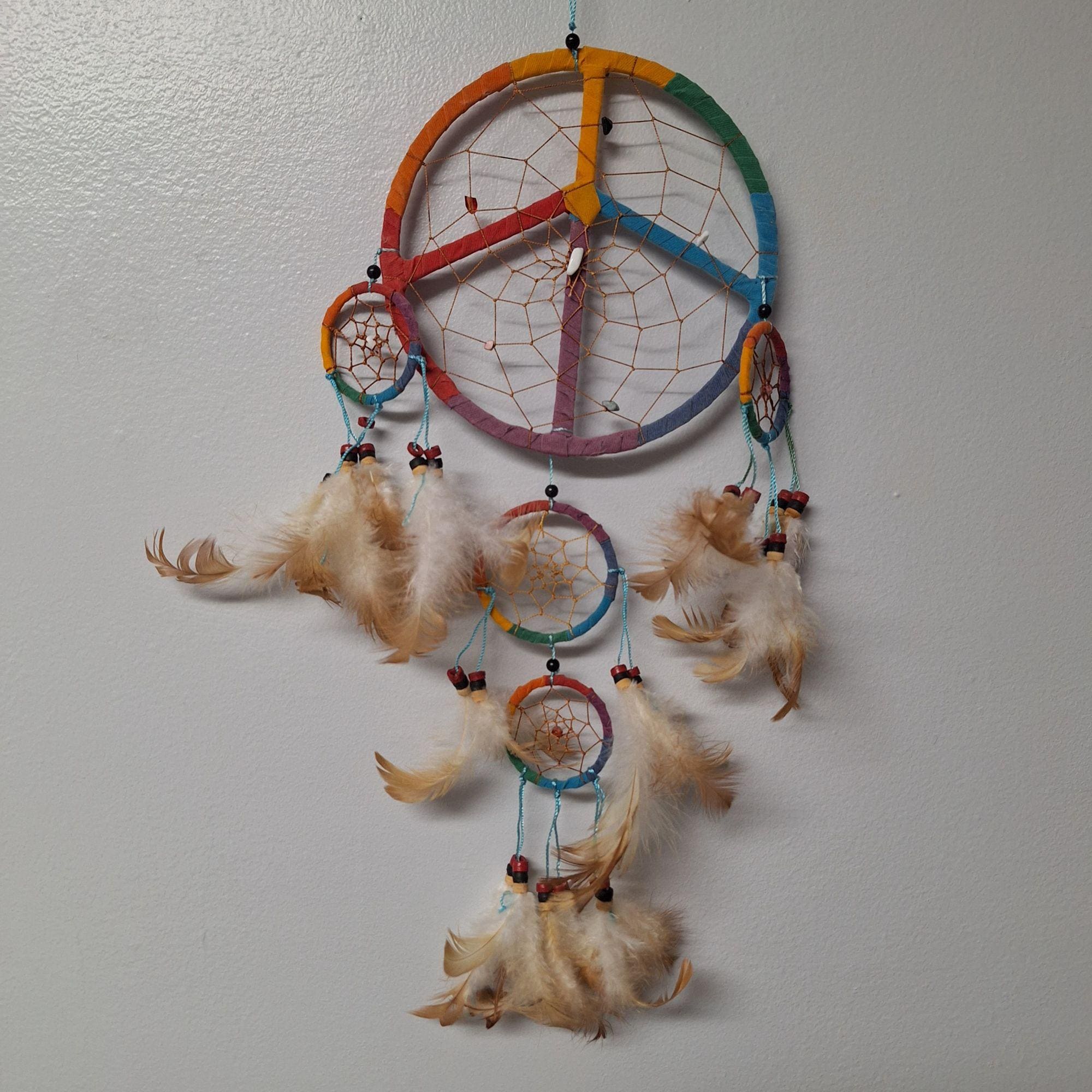 Peace Sign Rainbow Dreamcatcher Feathers Beads Handmade Boho Native ...