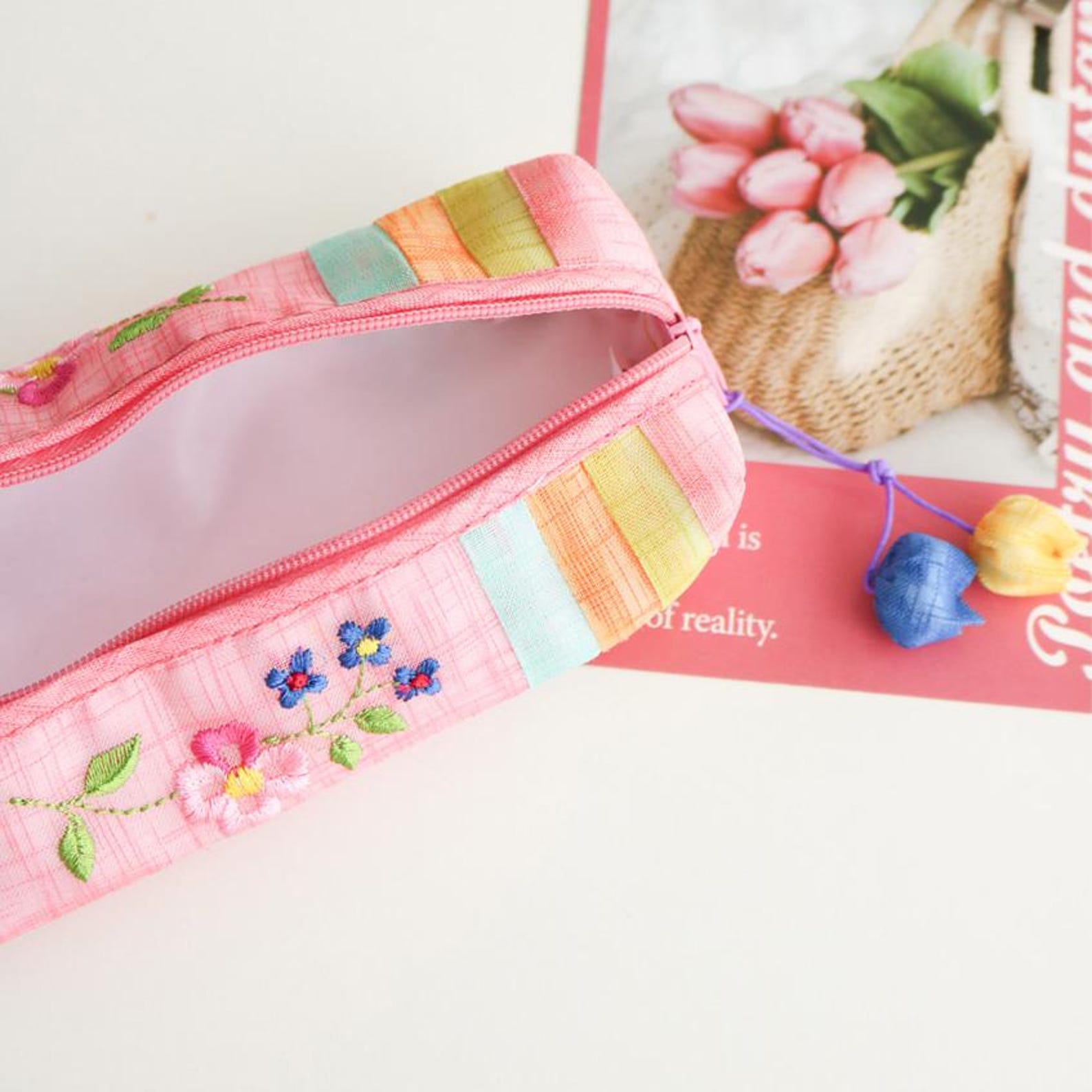 Korean Traditional Ramie(모시) Pencil Case With Flower Embroidery ...