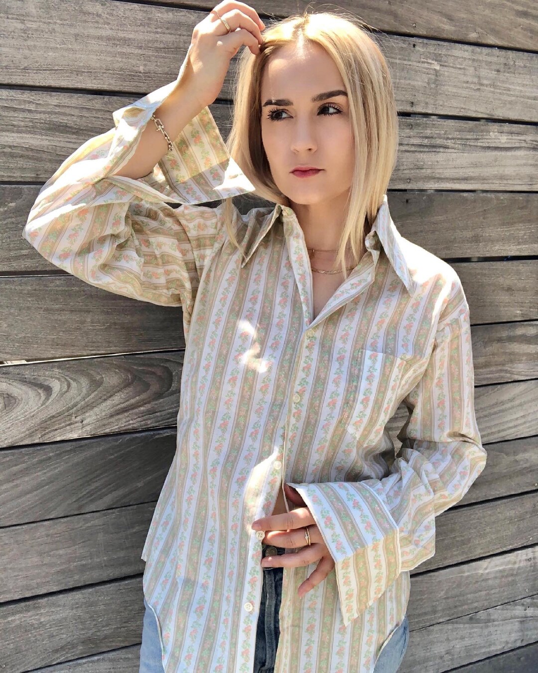 Vintage 70s // Button Down Shirt // Neutral Floral Print // Soft ...