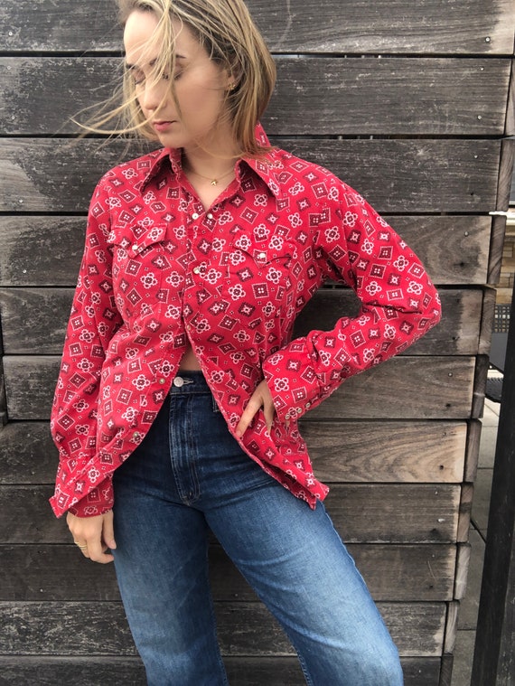 Vintage 1970s Red Bandana Patchwork Flare Jeans By Gl… - Gem