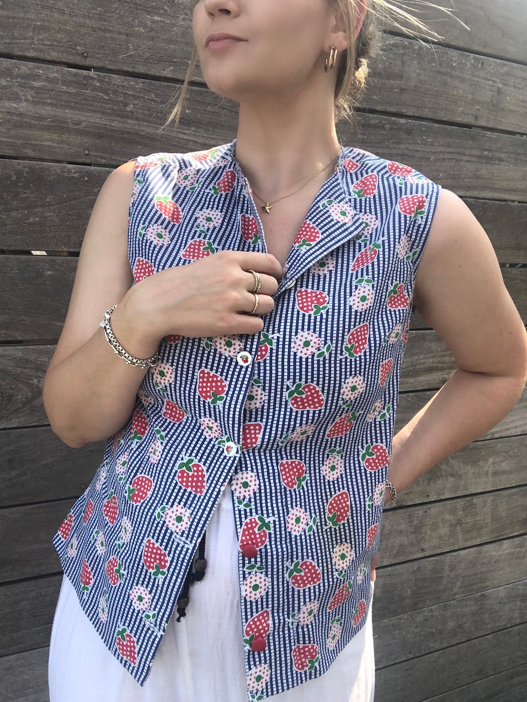 Vintage 60s, Handmade, 100% Cotton Top With Blue Check Pattern, Polka ...