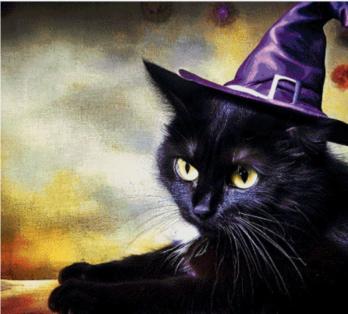 Black Cat Wearing Witch's Hat Cross Stitch Pattern PDF - Etsy