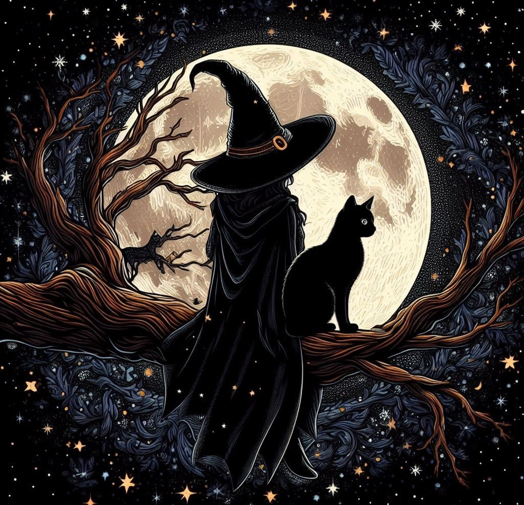 Witch and Black Cat in Moonlight Cross Stitch Pattern, PDF Instant ...