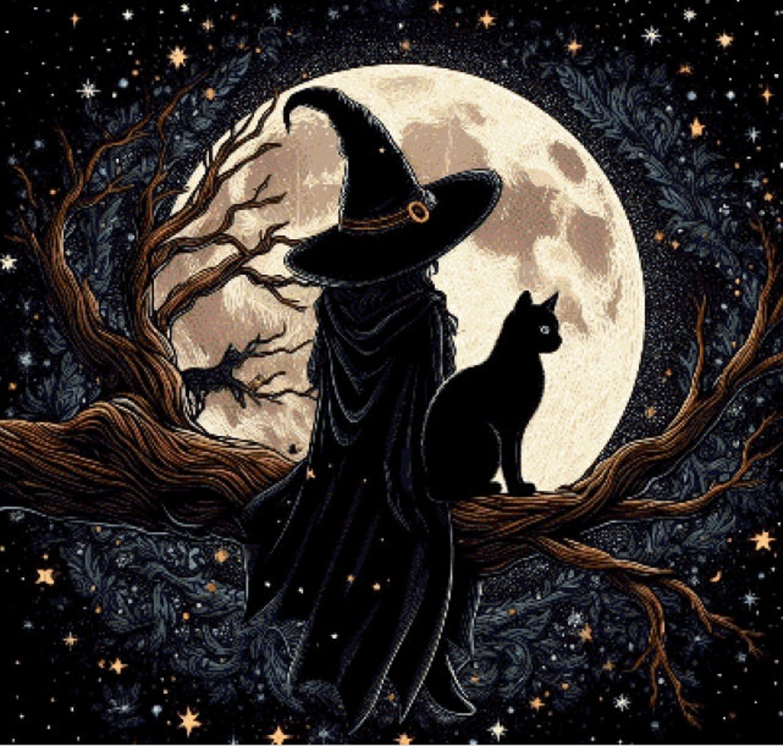 Witch and Black Cat in Moonlight Cross Stitch Pattern, PDF Instant ...