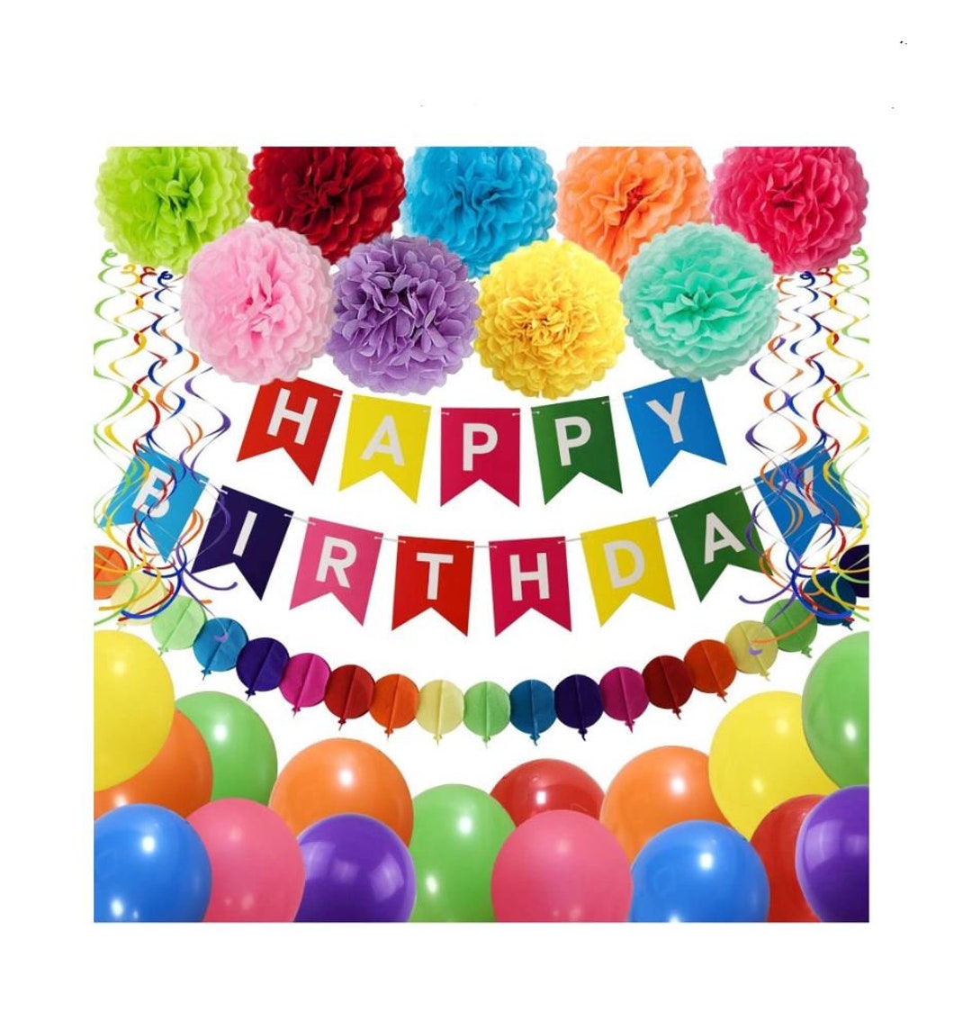 47pcs Rainbow Birthday Decorations HB Banner Pom Poms Decor - Etsy