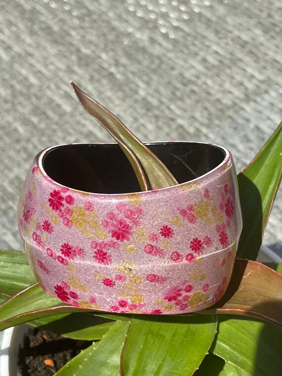 Bangle Floral Pink Glitter Gem