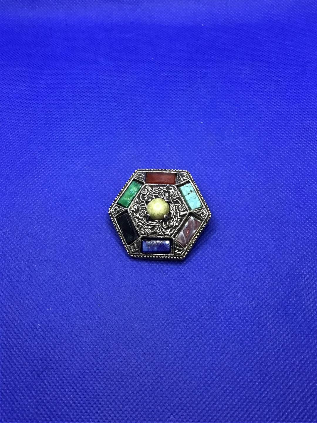 Vintage Miracle Glass Scottish Agate Silver Tone Octagon Pin Brooch 2 ...