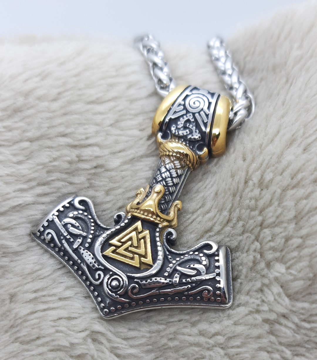 Thors Hammer Necklace Mjolnir Pendant With Odins Triangle Valknut ...