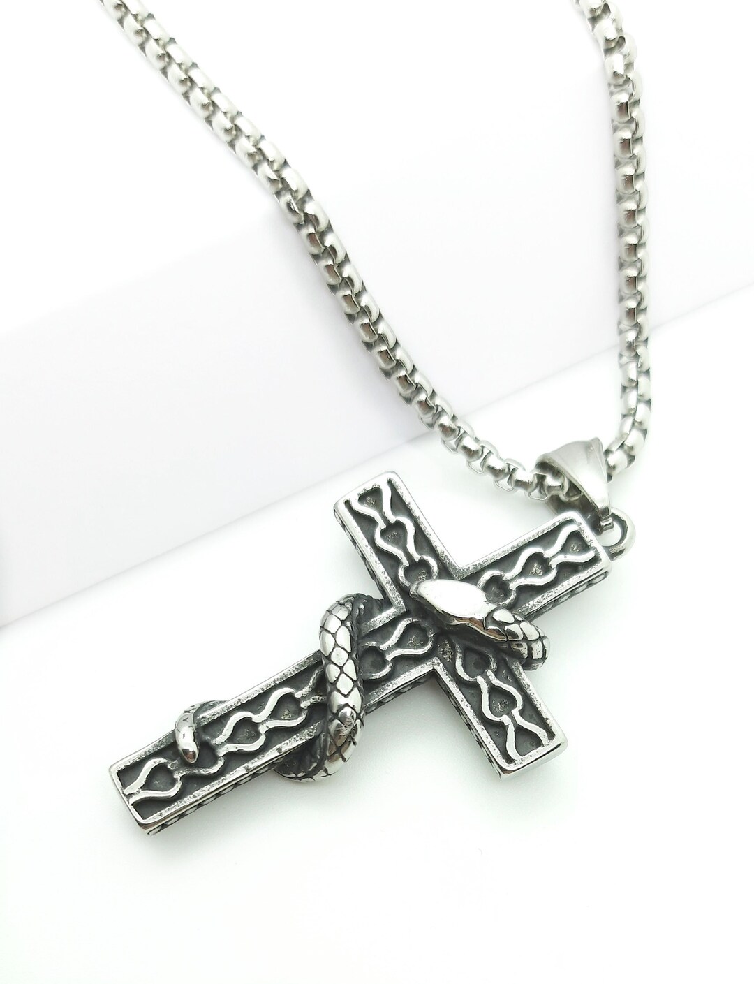 Cross and Snake Necklace Serpent on Cross Pendant Jesus and Satan ...