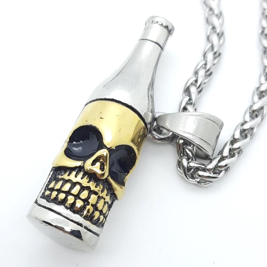 Mens Skull Necklace, Beer Bottle Pendant With Skull, Bottle Opener ...