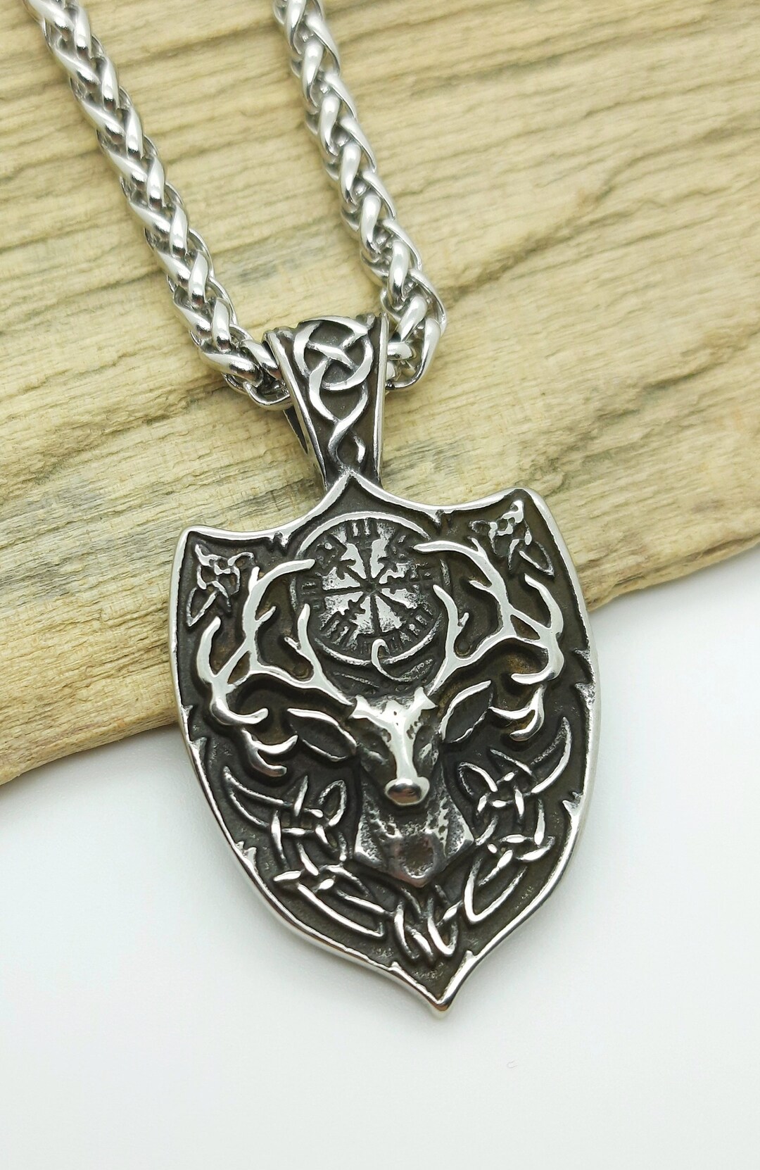 Stag Head Necklace, Viking Shield With Stag and Vegvisir, Viking ...