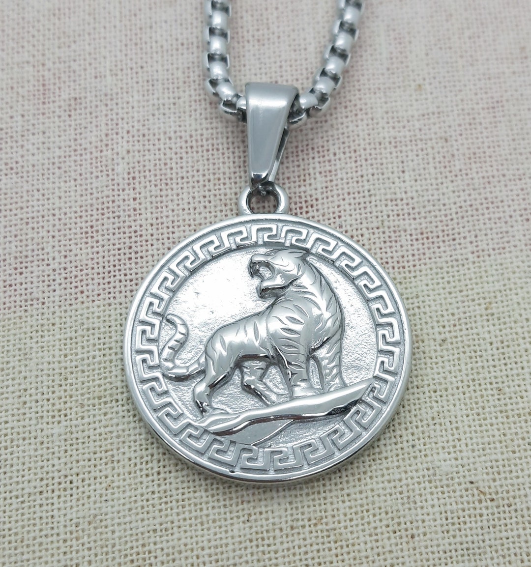 Tiger Pendant Necklace Bengal Tiger Coin Medallion Mens Stainless Steel ...