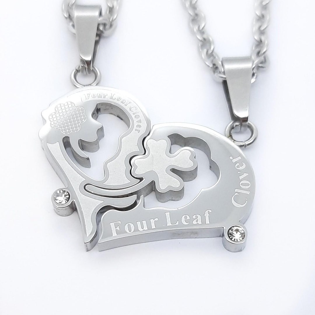 Couples Interlocking Heart Necklace With Four Leaf Clover, Matching ...