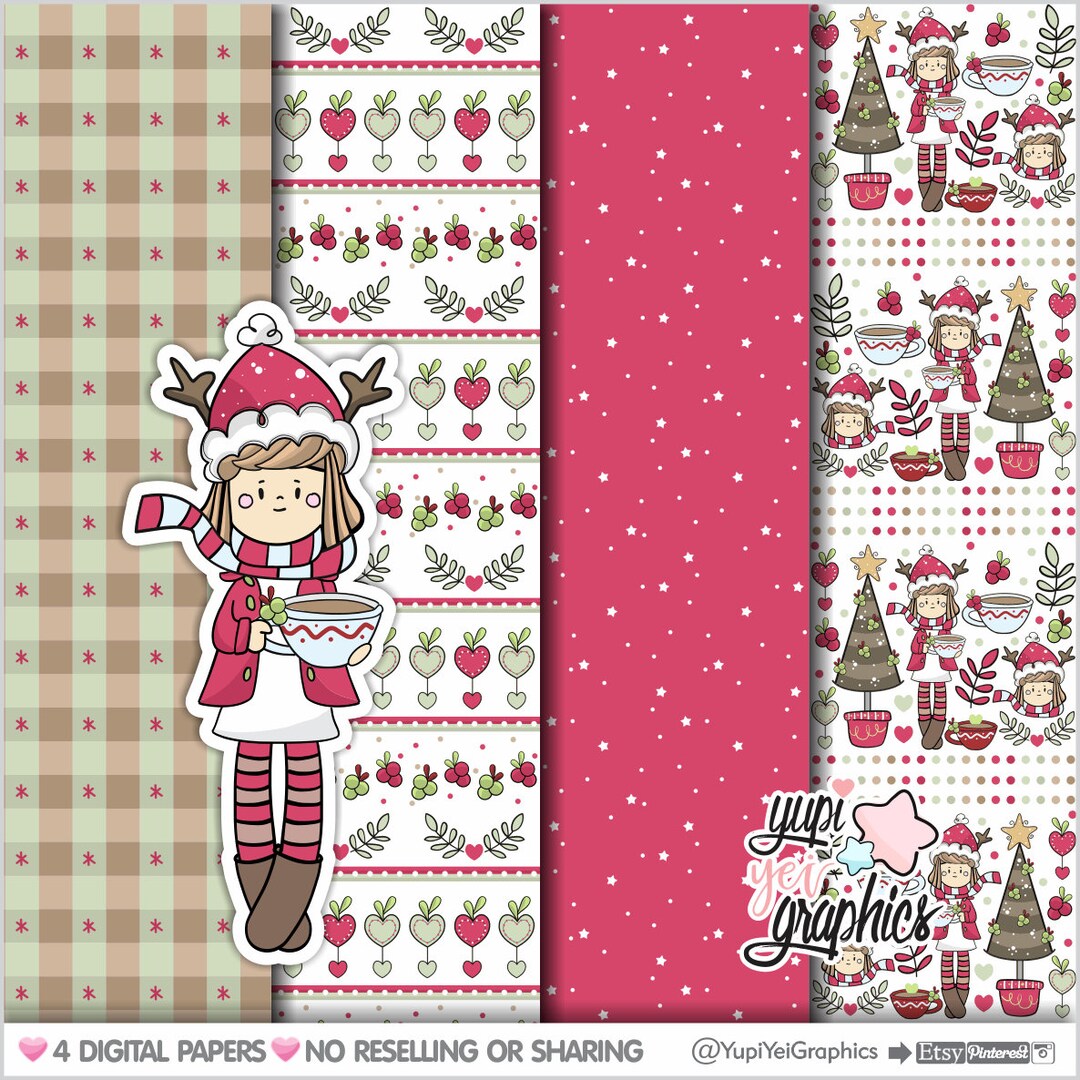 Papel digital de Navidad, patrón de Navidad, USO COMERCIAL, Chica de ...