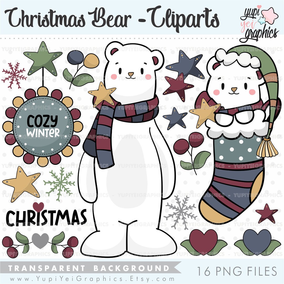 Christmas Clipart, Winter Bear Clipart, COMMERCIAL USE, Christmas Bear ...