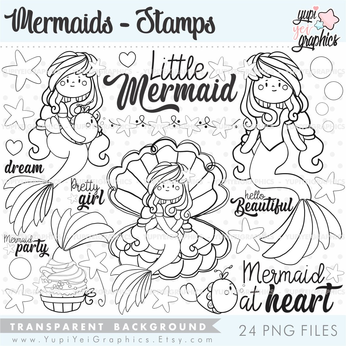 Mermaids Digistamps Mermaids Digital Stamps Princess Stamps | Etsy