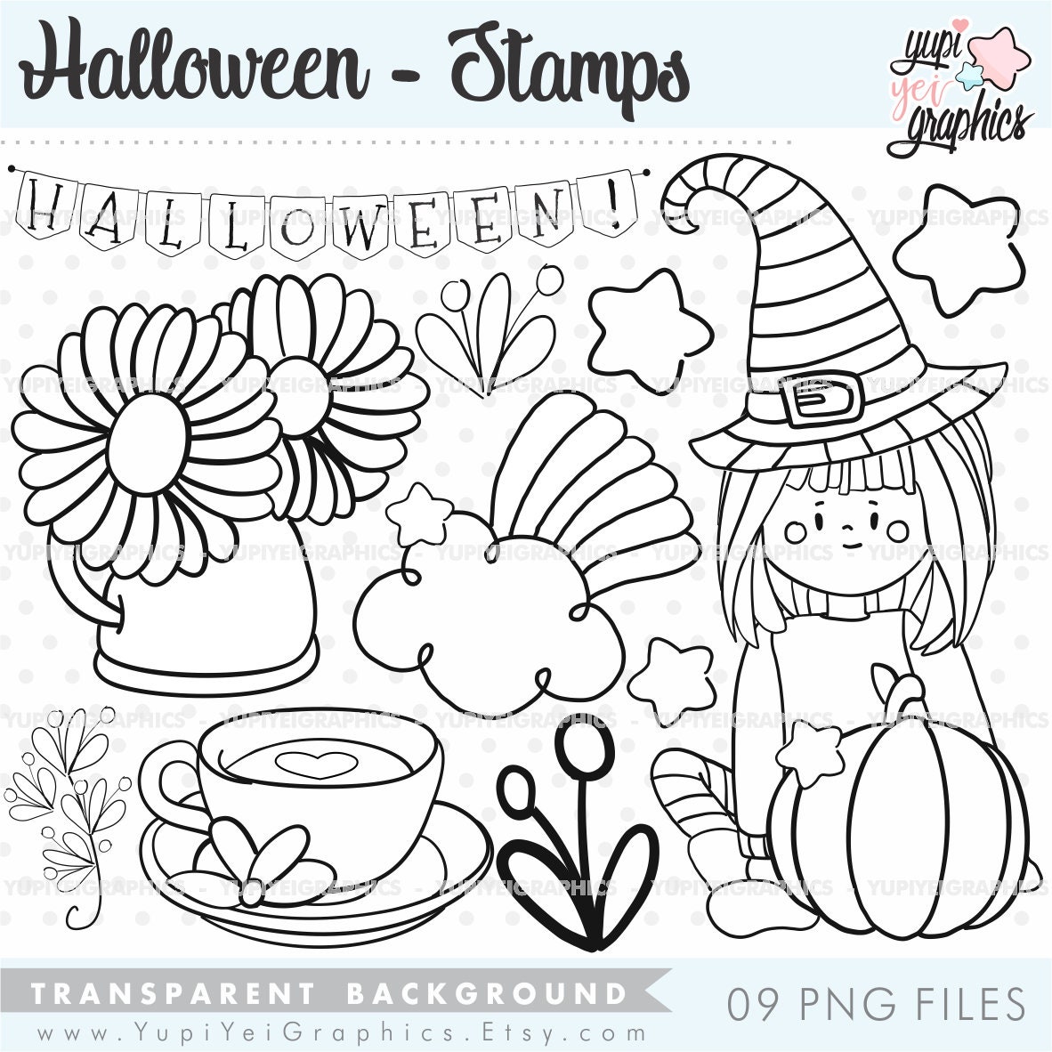 Halloween Digital Stamps Halloween Digistamps Witch Stamps | Etsy
