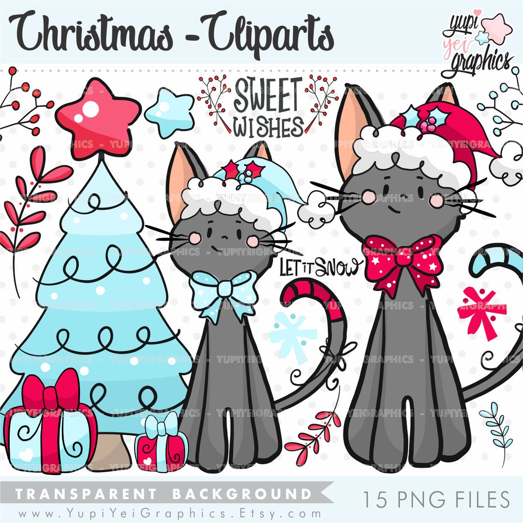 Christmas Clipart, Black Cat Clipart, Christmas Graphics, COMMERCIAL ...