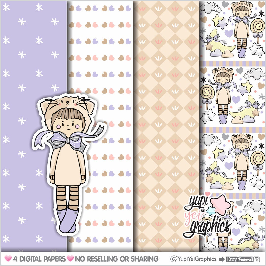 Cat Digital Paper, Girl Digital Paper, COMMERCIAL USE, Printable Paper ...