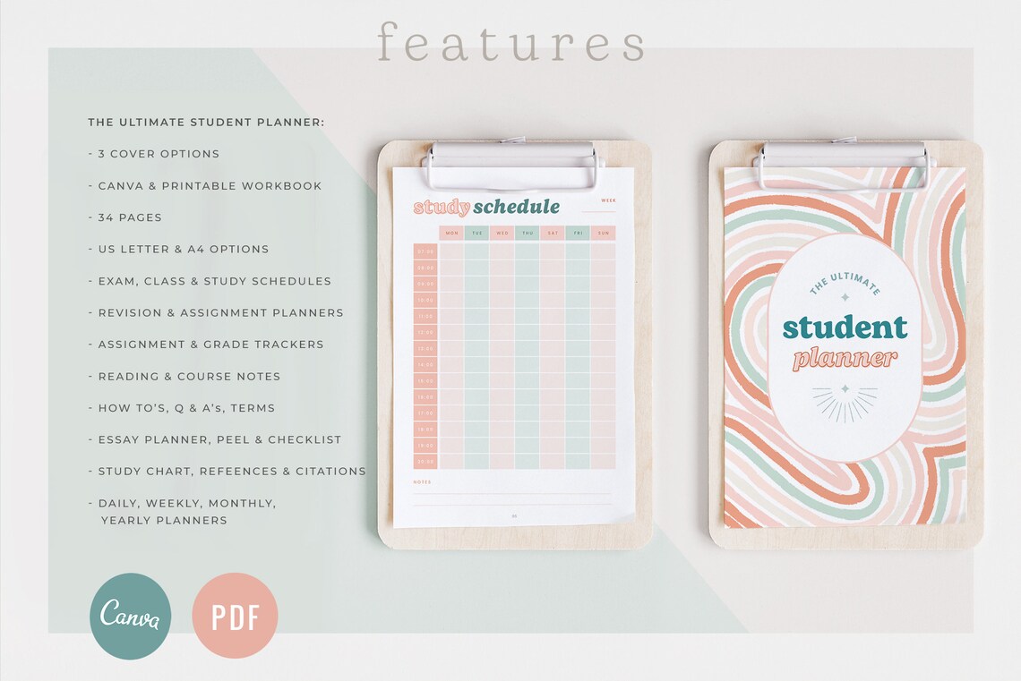 Student Planner Printable College Journal Canva Template Study Workbook ...