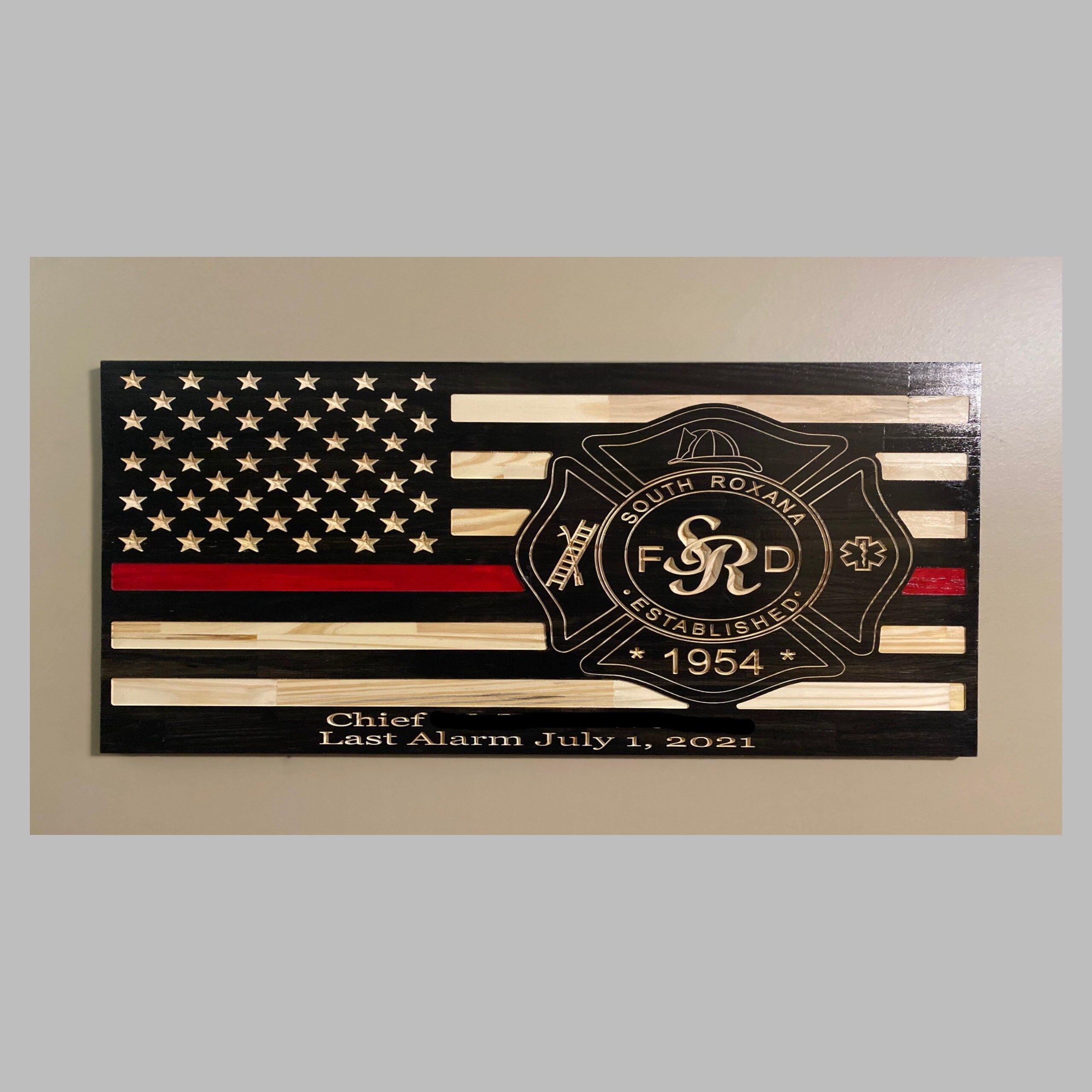 Carved Red Line Fireman's Wood Flag - FD Wood Flag - Red Line Fireman's ...