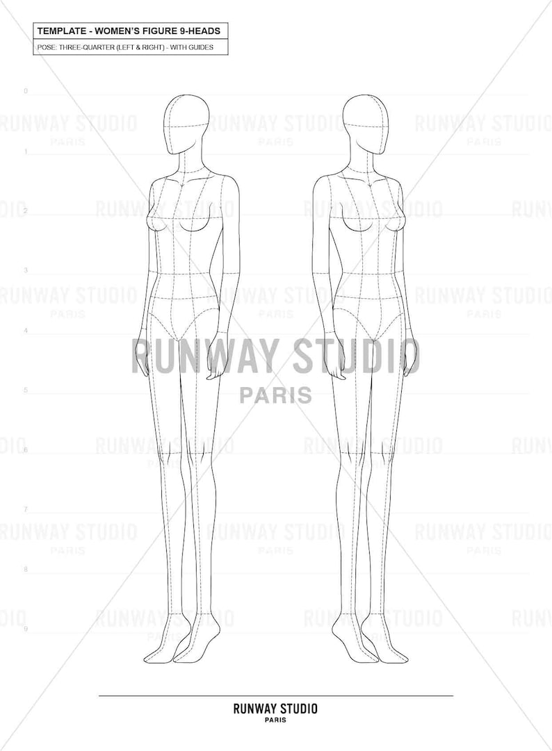 WOMEN'S 9-HEAD FIGURE Template - Fashion Vector Sketch Womenswear ...