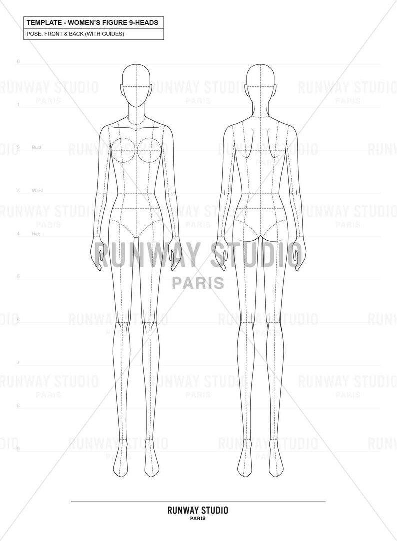 WOMEN'S 9-HEAD FIGURE Template - Fashion Vector Sketch Womenswear ...