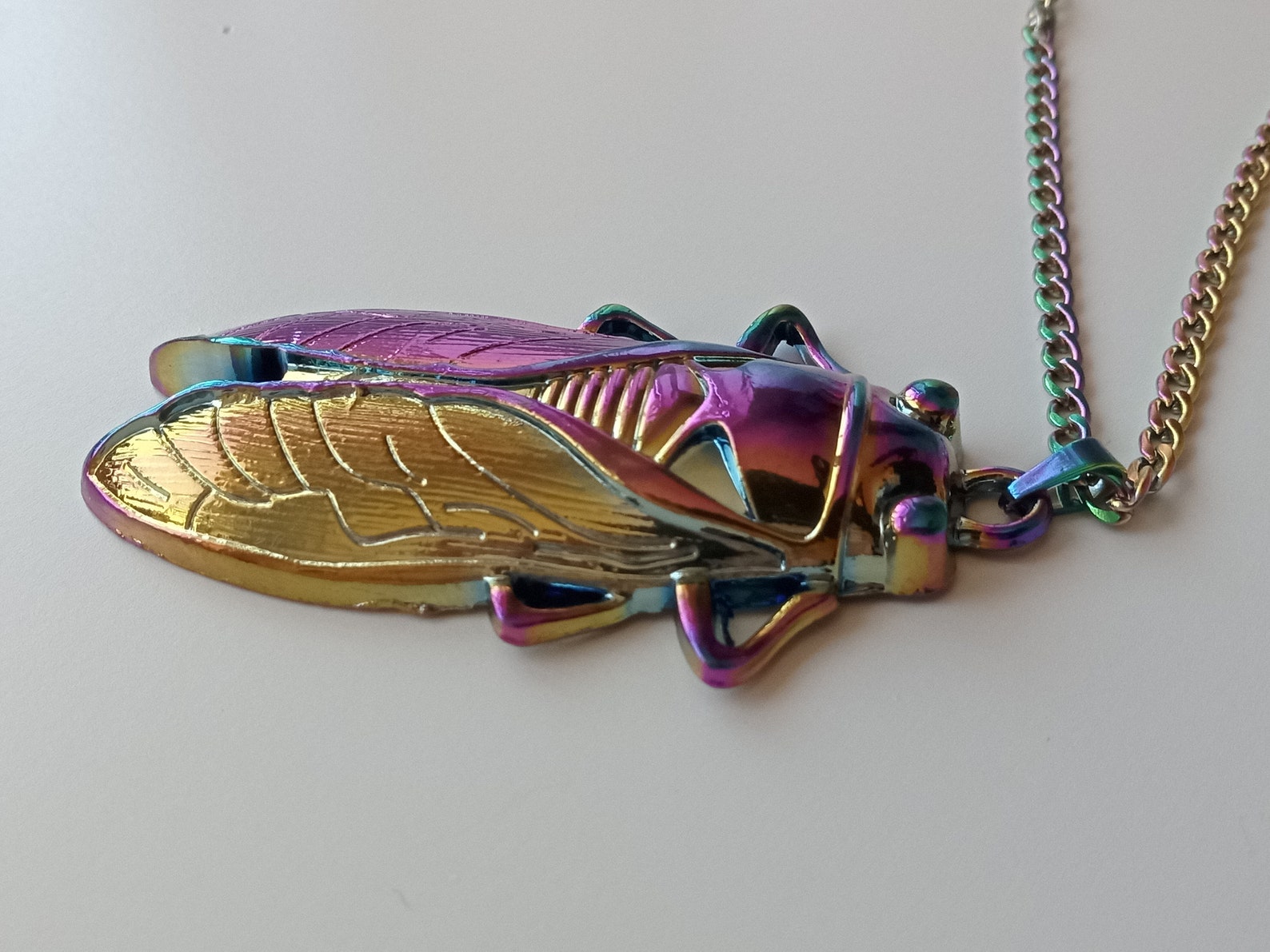 Large Rainbow Cicada Necklace on Rainbow Steel Chain or Black Thong ...