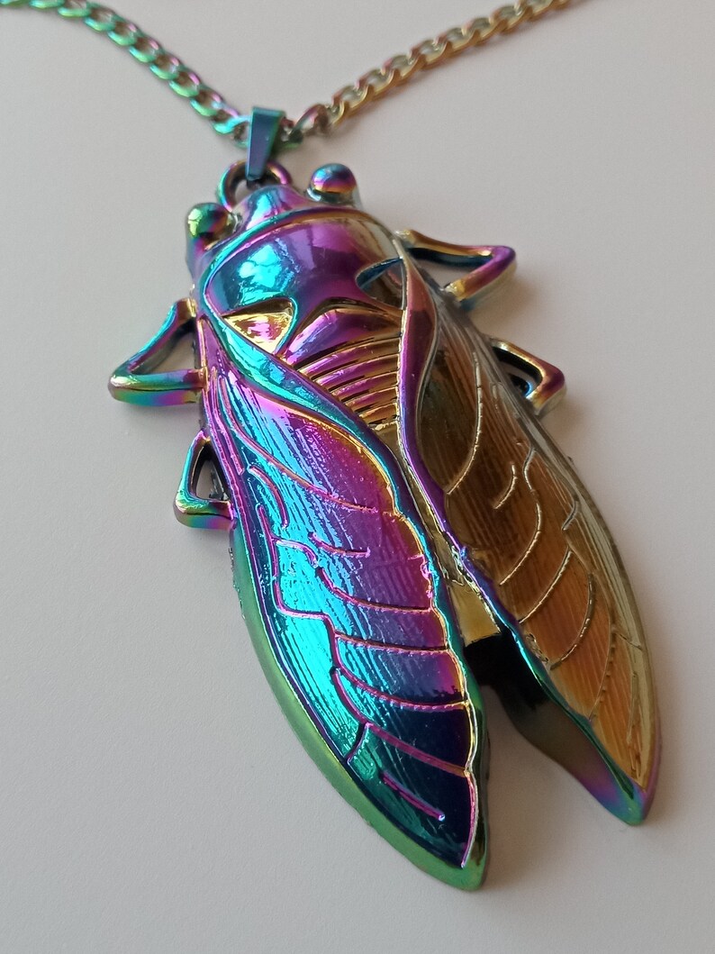 Large Rainbow Cicada Necklace on Rainbow Steel Chain or Black Thong ...